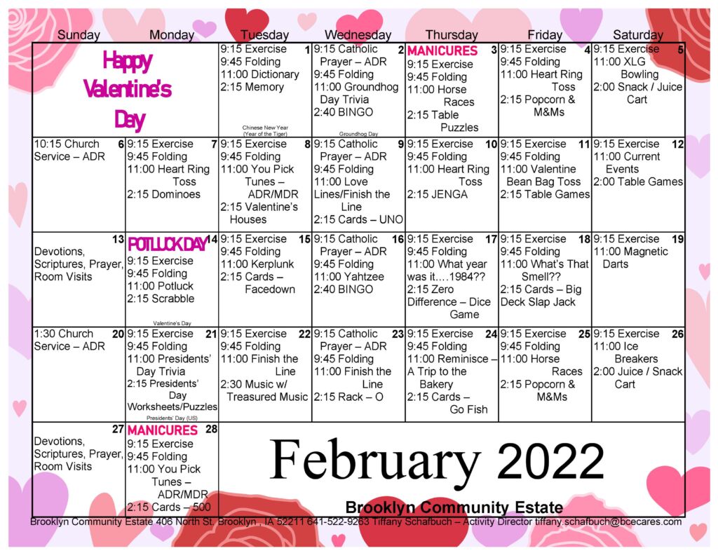 February Activity Calendar – Brooklyn Community Estate