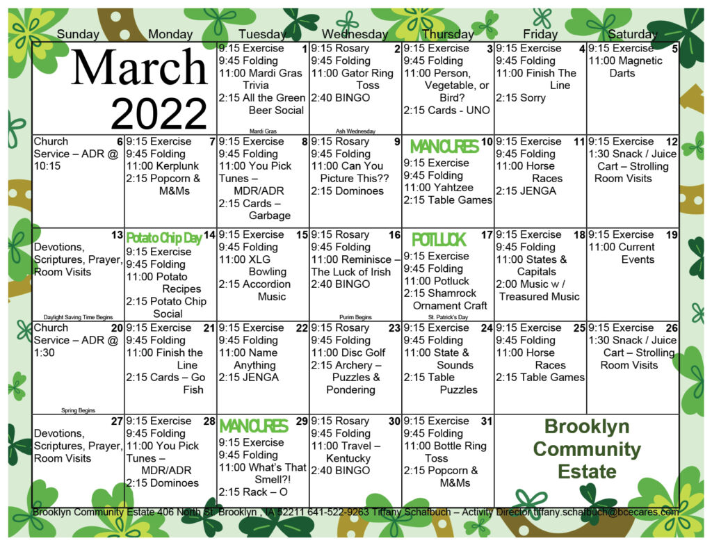 March Activity Calendar – Brooklyn Community Estate
