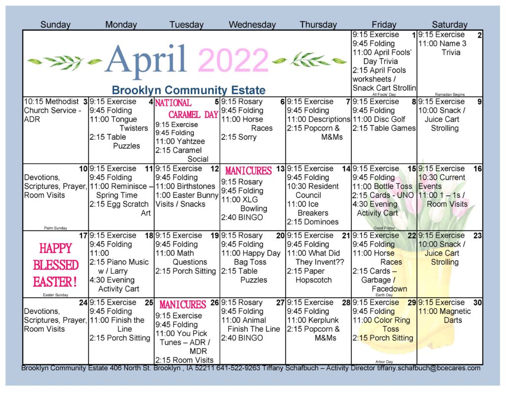 April Activity Calendar – Brooklyn Community Estate