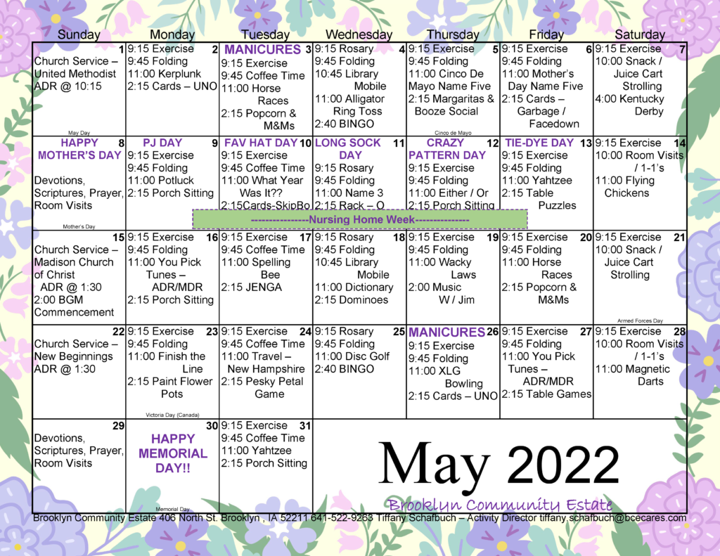May Activity Calendar – Brooklyn Community Estate