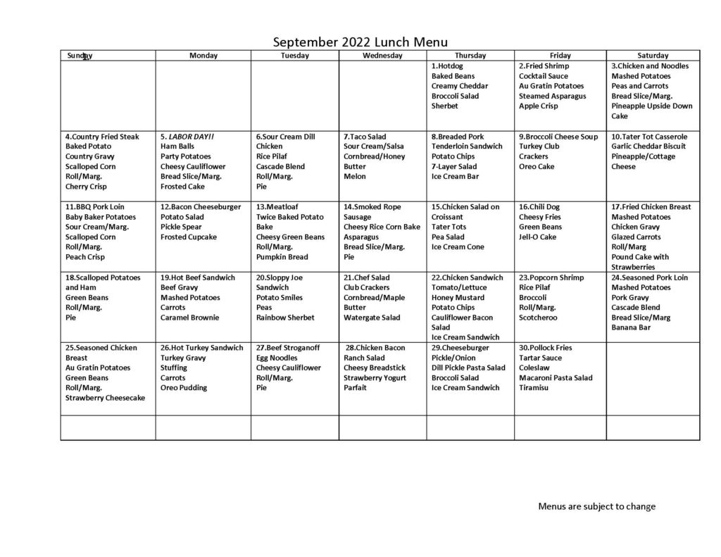 September Menu – Brooklyn Community Estate