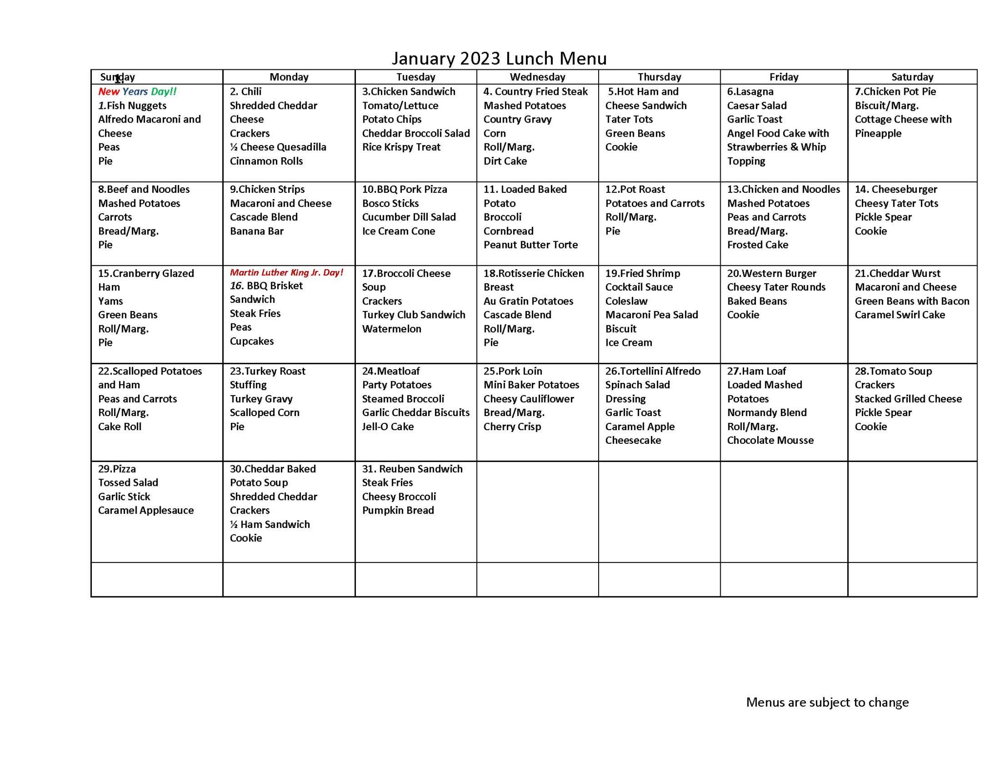 January Delivery Menu – Brooklyn Community Estate