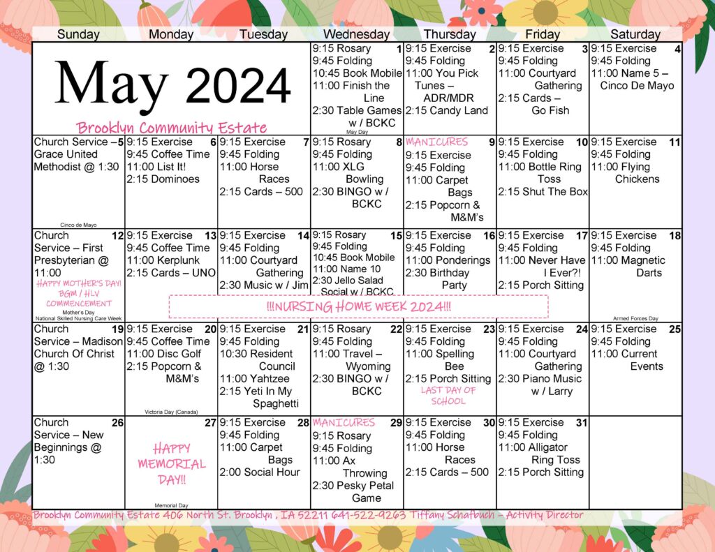 May Activity Calendar – Brooklyn Community Estate