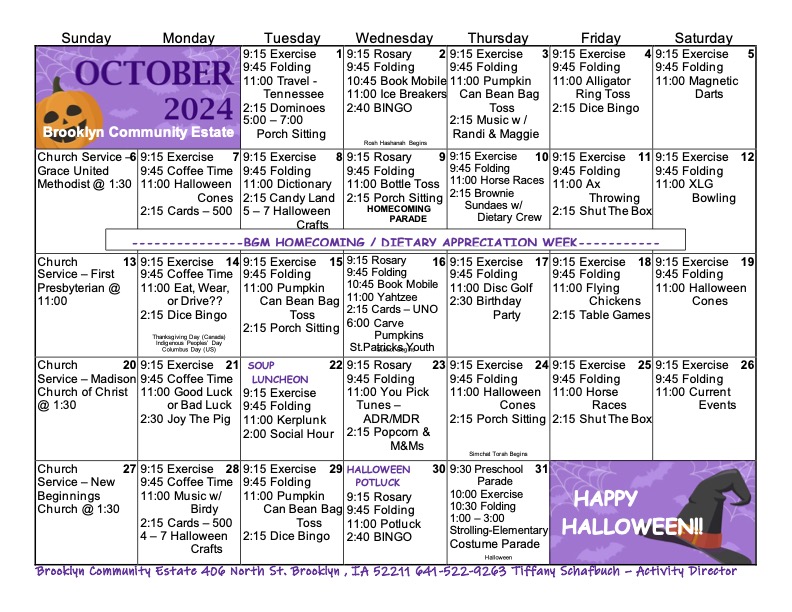 Monthly Activity Calendar – Brooklyn Community Estate